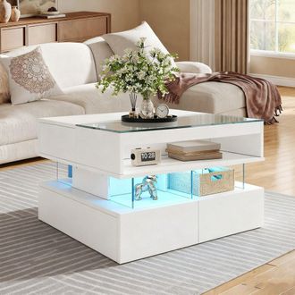 Generic H&ouml;henverstellbarer Couchtisch mit 16-Farbiger LED-Beleuchtung: Moderner Wohnzimmertisch mit Glastischplatte und Acrylst&uuml;tzen, RGB-Ambientebeleuchtung