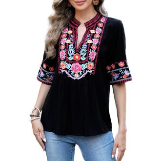 JD Williams Ukraine Bluse Sommer Damen Tunika Bohemian Stickerei Folklore Tops Boho Hippie Kurzarm Lose Oberteil (799-Schwarz,3XL)