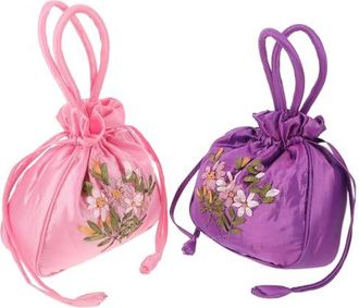Supvox Lot de 2 Paquet &agrave; Main Brod&eacute;s Ethniques en Tissu Chinois Petits Paquet &agrave; Cordon Violet et Rose Hanfu Floral pour Femmes de Voyage L&eacute;ger et &Eacute;tanche Poc