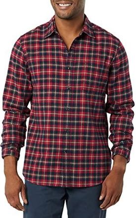Amazon Essentials Chemise en flanelle à manches longues pour homme, motif écossais boutonné coupe ajustée, motif écossais rouge foncé, taille M