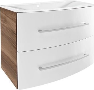Fackelmann VERONA Badm&ouml;bel Set 2-teilig 80 cm breit, Braun Dunkel/Wei&szlig; Hochglanz, Gussmarmor-90322145