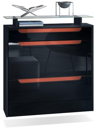 Vladon Schuhschrank Annie, Schuhkipper f&uuml;r 16 Paar Schuhe mit 2 Klappen, 1 Schublade und Glasablage, Schwarz matt/Schwarz Hochglanz, Griffmulden in Bordeaux 