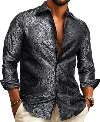 Barry.Wang Herrenhemd, Seide, luxuriös, Paisleymuster, Blumenmuster, langärmelig, groß und hoch, Hochzeit, Party, Freizeit, Business, formelle Hemden, schwarz gr