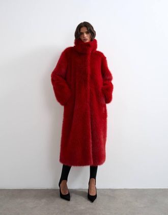Topshop manteau long en fausse fourrure rouge
