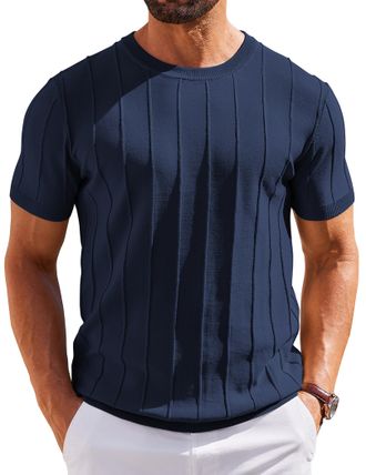 Coofandy Herren T-Shirt Kurzarm Strick Shirt mit Rundhals Shirt Casual Pullover Gestreiftes Strickshirt Sommer Oberteile Marineblau L