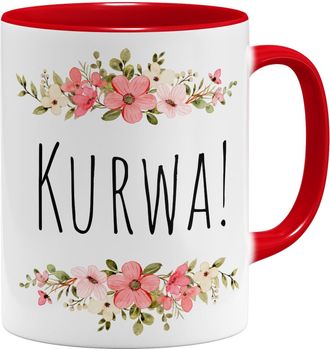 OM3 Kurwa Kaffee-Tasse mit Spruch - Lustige polnische Statement Keramiktasse - kitischig - blumig - Blumenmotiv - Keramik Becher - 325ml - Beidseitig Bedr