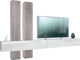 Vladon Wohnwand Moja, Made in Germany, Weiß matt & Weiß/Eiche Nordic - Moderne Anbauwand für Ihr Wohnzimmer (BxHxT) 330 x 204 x 39 cm