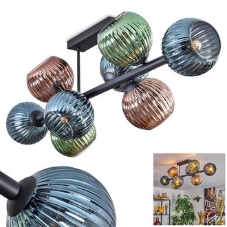 HOFSTEIN Deckenleuchte Koyoto, 8-flammige Deckenlampe aus Metall/Riffelglas in Schwarz/Blau/Gr&uuml;n/Kupfer, Leuchte im Vintage-Design (Schirme &Oslash; 15 cm), E14, Essz