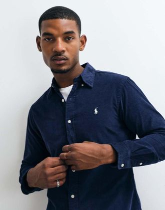 Polo Ralph Lauren Hemd mit Icon-Logo, Slim Fit, aus Cord in Marineblau