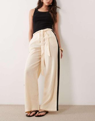 Mango Gerade geschnittene Hose aus reinem Leinen in Hellbeige mit Tunnelzug in der Taille und seitlichem Streifen-Neutral