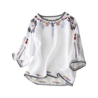 Generic Haut d&eacute;t&eacute; &agrave; manches 3/4 en lin pour femme - Col rond - Broderie florale - Style boh&egrave;me ethnique paysan - Chemisier tendance, blanc, XXL