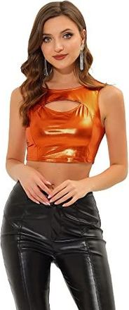 Allegra K Haut court ajouré Y2K sans manches pour femme - Débardeurs métalliques brillants, Orange, 40