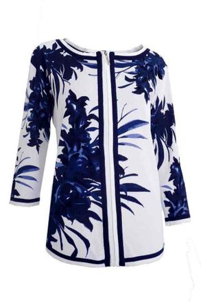Passioni Cardigan Cardigan mit Rei&szlig;verschluss in Wei&szlig; mit marineblauem Blumendruck