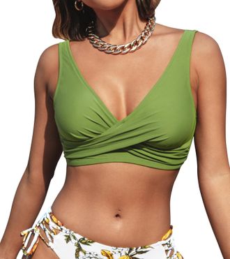 Cupshe Damen Bikini Oberteil V Ausschnitt Wickeloptik Crossover Lace Up Bralette Bademode Breite Tr&auml;ger Bikini Top Olivengr&uuml;n S