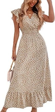 ORANDESIGNE Femme Dété Robe Longue à Pois Wrap Col en V Manches Courtes Ceinture à Volants Ourlet A-Line Boho Maxi Robes H Kaki XS