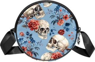 Generic Sac &agrave; bandouli&egrave;re rond pour femme, motif cr&acirc;nes, floral, vintage, petit sac &agrave; dos &agrave; bandouli&egrave;re avec fermeture &eacute;clair, bretelles r&eacute;glables, sac &agrave; main
