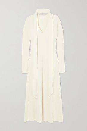 Chlo&eacute; Midikleid Aus Einer Gerippten Woll-seidenmischung Zum Binden - Wei&szlig;