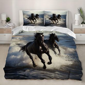 Generic Schwarzes Tier Pferd Bettwäsche 3teilig 135x200 cm Mikrofaser Bettbezug mit Reißverschluss und 2 Kissenbezug Weiche Komfort Meereswellen Bettwäsche-Se