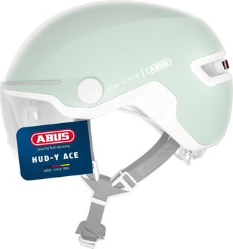 ABUS Stadthelm HUD-Y ACE - stylischer Fahrradhelm mit Visier und magnetischem, aufladbarem LED-R&uuml;cklicht - f&uuml;r Damen und Herren - Pure Mint, Gr&ouml;&szlig;e L
