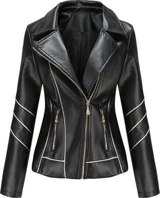 Generic Veste courte courte en similicuir pour femme avec fermeture &eacute;clair, Noir, 4XL