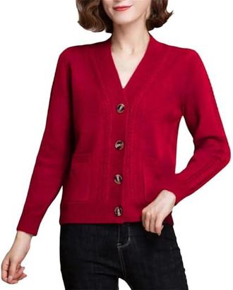 Generic Cardigan tricot&eacute; &agrave; manches chauve-souris pour femme avec col en V et fermeture &agrave; boutons, Bordeaux, M