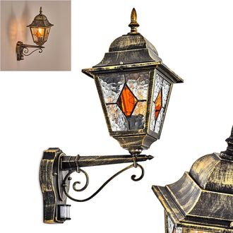 HOFSTEIN Außenwandleuchte Chatelain, Außenwandlampe mit Bewegungsmelder aus Metall/Glas in Gold/Schwarz/Klar/Bernstein, Wandleuchte außen im Vintage/Antik/Land