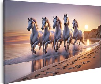 Islandburner Bild auf Leinwand F&uuml;nf wei&szlig;e Pferde laufen am Strand bei Sonnenuntergang Bilder Wandbilder Poster
