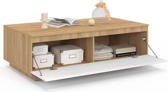 IDMarket Table Basse TOMI 110 cm avec Porte fa&ccedil;on h&ecirc;tre et Blanc