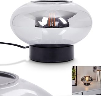 HOFSTEIN Tischleuchte Haikala, moderne Tischlampe aus Metall/Glas in Schwarz/Rauchfarben, Nachttischlampe mit An-/Ausschalter am Kabel und Schirm aus Echtglas,