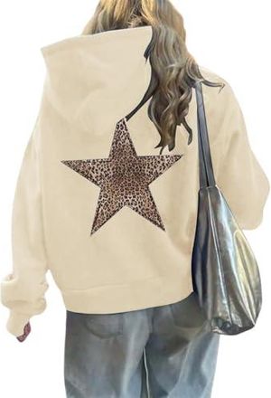 ORANDESIGNE Sweat à Capuche Étoile Léopard Guépard pour Femme Imprimé Graphique Polaire Y2K Streetwear Harajuku Hoodie A Beige XS
