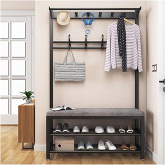 Generic Industrial Shoe Bench with White Seat Shoe Cabinet & Rack Hallway Coat Stand with 2 Shelves & 5 Removable Hooks Black 80cmSpaceSaving Entryway Furnitu