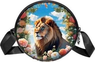 Generic Petit sac &agrave; bandouli&egrave;re circulaire pour femme, motif fleur de lion, sac &agrave; dos avec fermeture &eacute;clair, bretelles r&eacute;glables, sac &agrave; main rond d&eacute;contract&eacute; 