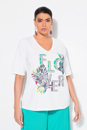 Ulla Popken T-Shirt T-Shirt Flower Classic V-Ausschnitt Halbarm