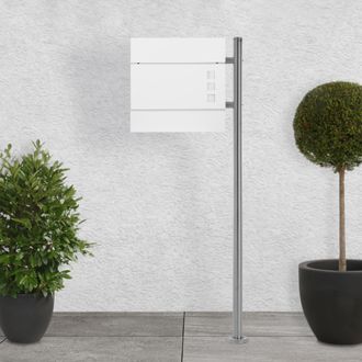 ECD Germany Standbriefkasten mit Zeitungsfach, Design Briefkasten mit Pfosten, Briefkastenanlage, Briefkastenst&auml;nder Silber 120 cm Edelstahl, Postkasten Wei&szlig; 37x1