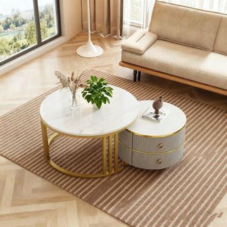 Generic Kombinierbarer Couchtisch (2-in-1) mit 2 Schubladen, runde Beistelltische in 70+50 cm mit glänzender und Marmor-Oberfläche (Grey)