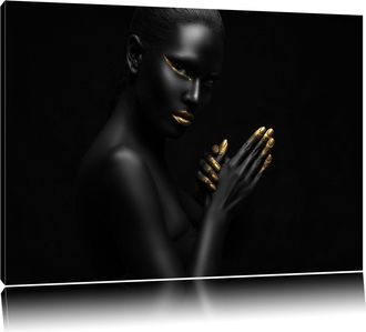 Pixxprint Dark Frau mit goldenen Fingerspitzen und Lippen, Größe: 80x60cm, Leinwandbild, fertig gespannt, Wandbild, Dekoration, Kunstdruck, kein Poster