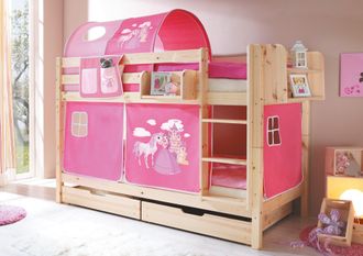 Ticaa Etagenbett Doppelbett Marcel Kiefer massiv Natur, Vorhangstoff:Horse Pink