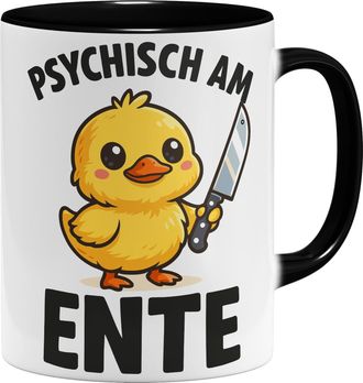 OM3 Psychisch am Ente Kaffee-Tasse mit Spruch - Spruchtasse Fun Motiv - Schwarzem Humor - Keramik Becher - 325ml - Beidseitig Bedruckt - Schwarz