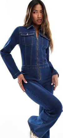 Asos Combinaison stretch &agrave; manches longues style ann&eacute;es 70 - Bleu fonc&eacute;