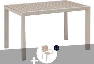 Hesperide Table de jardin rectangulaire alu Evasion 4 places effet bois Lin et argile + 4 fauteuils Piazza - Hesp&eacute;ride
