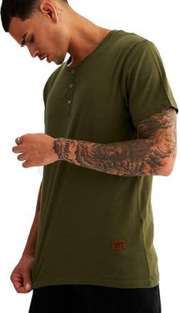 LEIF NELSON T-shirt dété pour homme - Col rond - Coupe droite - 100 % coton - Décontracté - Basique - Manches courtes, kaki, XL