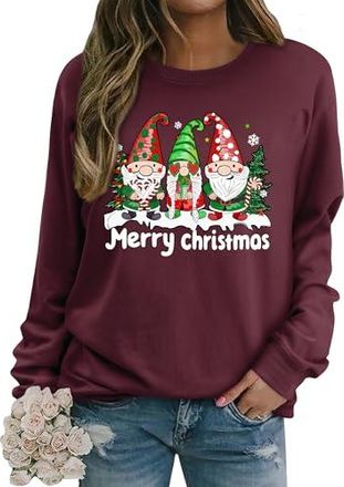 Dresswel Pull de No&euml;l pour femme avec inscription &laquo; Merry Christmas &raquo; - Sweat dr&ocirc;le - Imprim&eacute; nains - Coton - Pull de No&euml;l - Hauts de No&euml;l - Pull de No&euml;l pour 