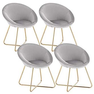 Woltu Lot de 4 Chaises de Salle &agrave; Manger Moderne, Fauteuil Scandinave, Coiffeuse, Rembourr&eacute;e, en Velours et M&eacute;tal Dor&eacute;, Gris Clair BH217hgr-4