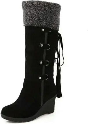 Generic JJDFW Bottes dhiver pour femme en coton chaud froid hiver genou haut talon compens&eacute; bottes grande taille, Noir, 37 1/3 EU