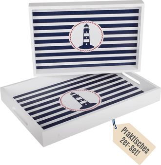 Out of the Blue Holz Tablett 2er-Set Traditional Maritime mit Leuchttum - Dekotablett groß & klein im maritimen Design - stilvolles Holztablett für Küche und Wohnzimm