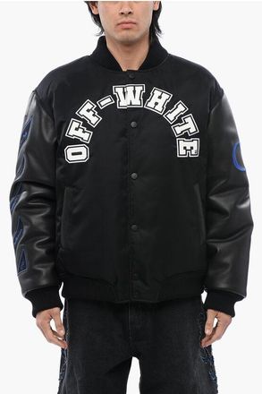 Off-white Leather Sleeved BASEBALL LEA Bomber Jacket with Logo Patch size 46