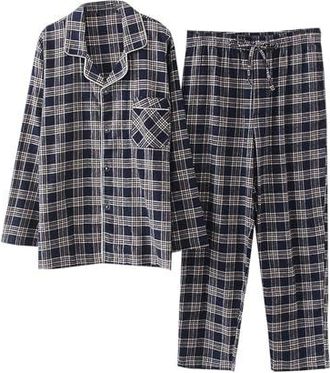 Generic Ensemble de pyjama pour homme en coton tiss&eacute; avec cordon de serrage avec haut et pantalon/bas 550 pour homme, bleu marine, XXL