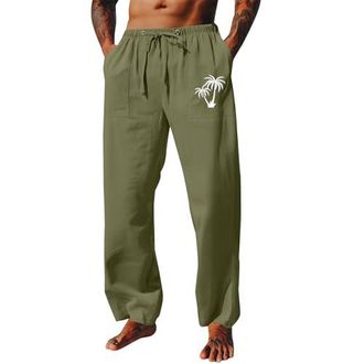 Generic Pantalon de plage pour homme en lin imprim&eacute; cocotier - Taille &eacute;lastique - Cordon de serrage - Jambe droite - Coupe ample - Couleur unie - Pantalon de 