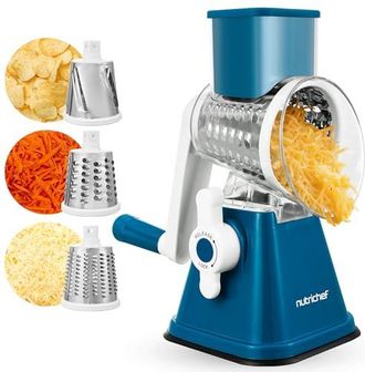 Nutrichef 3 in 1 K&auml;se Reibe & Raspel | Starker Saugfu&szlig;, Rotary Griff mit Sicherheitsverschluss | Inklusive Handkurbel & 3 Trommeln f&uuml;r 3 Texturen, Fein, Mittel 