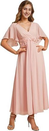Ever-pretty Robe de Soirée Femme Taille Empire Manches Courtes Plissé Col V Chic Casual Rose 46